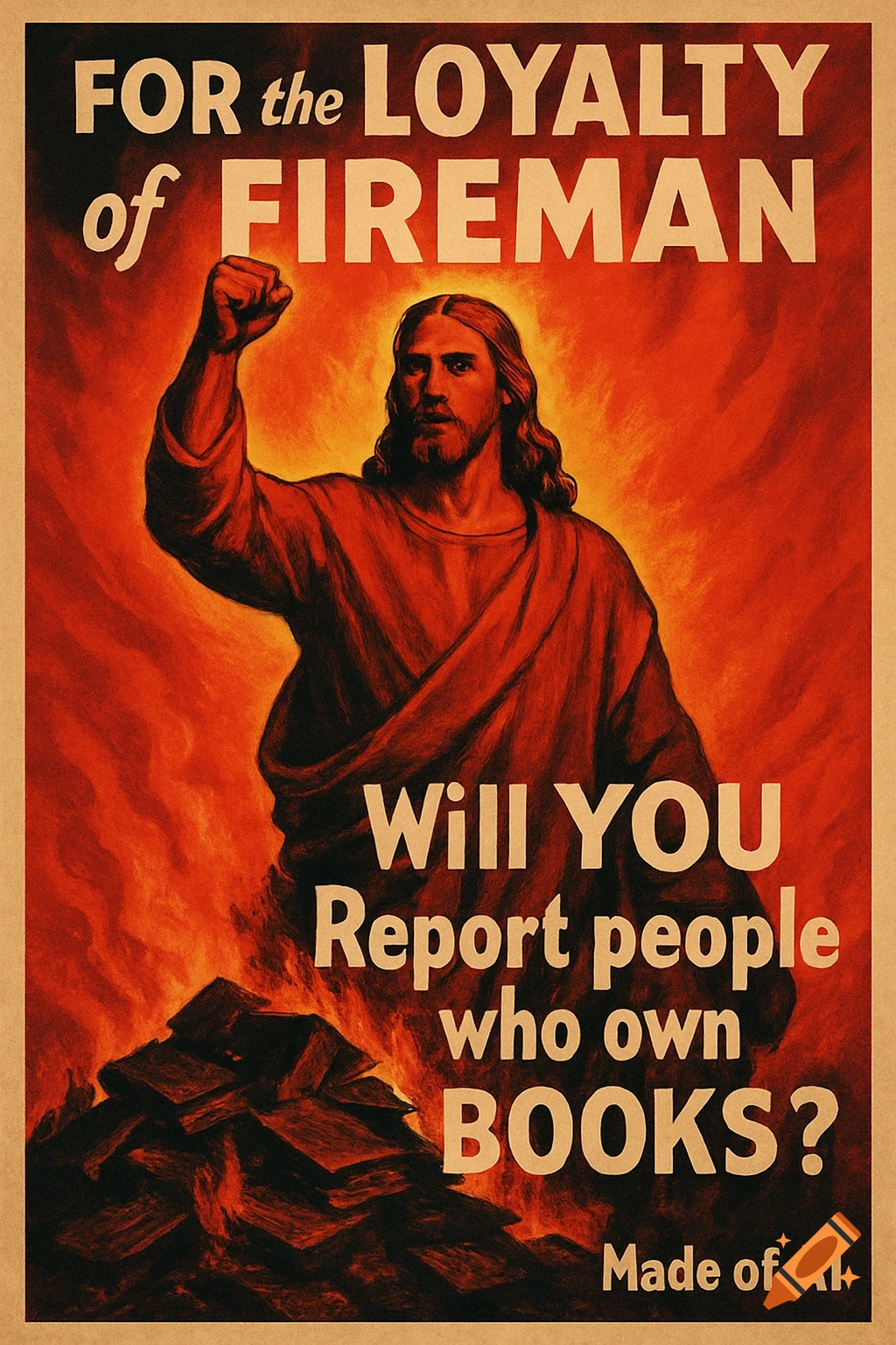 Propaganda poster of Jesus with a raised fist over burning books ...