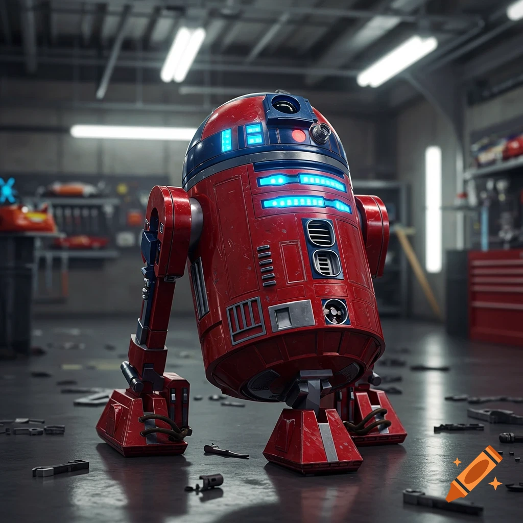 A red and blue R2D2-like robot with glowing blue lights stands in a ...