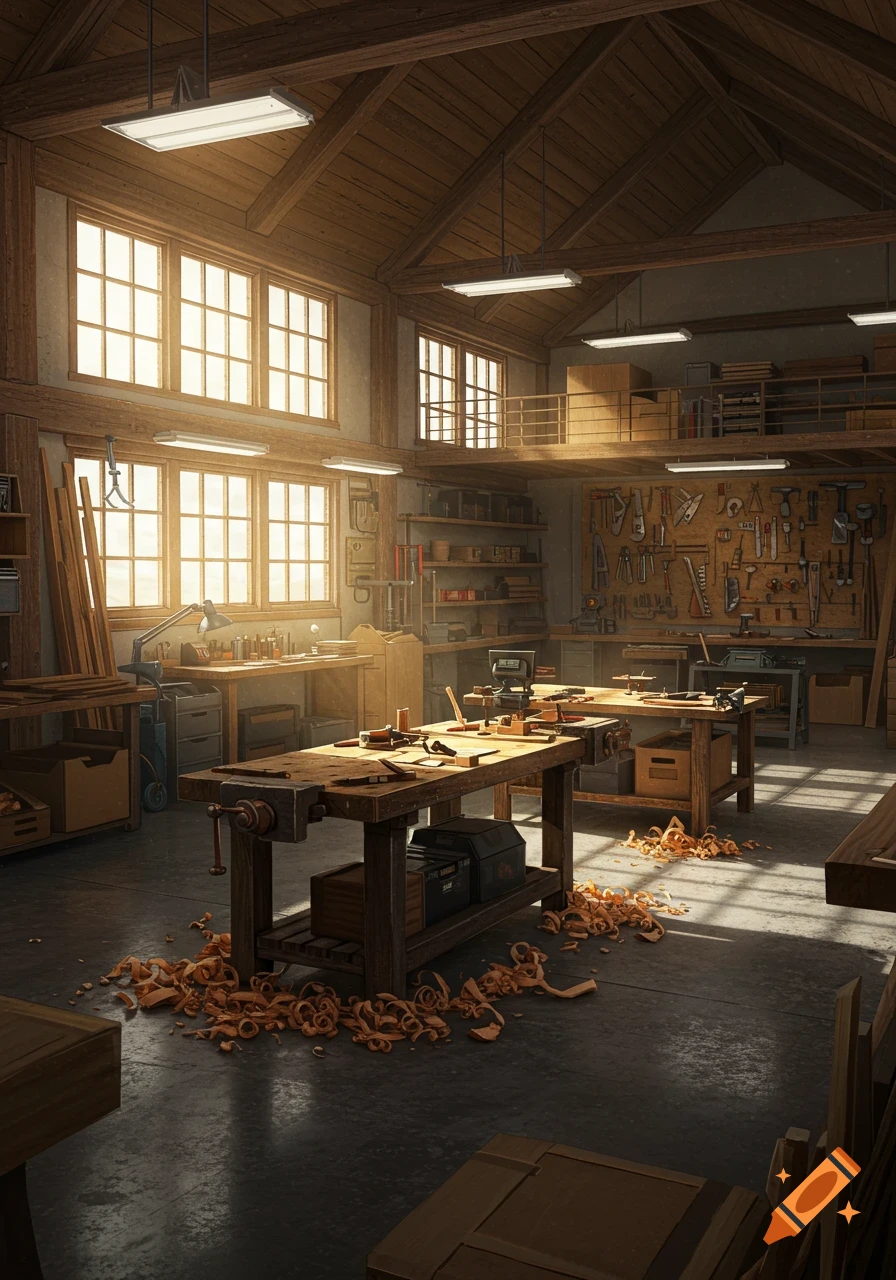 A warm, sunlit woodworking workshop with workbenches, various hand ...