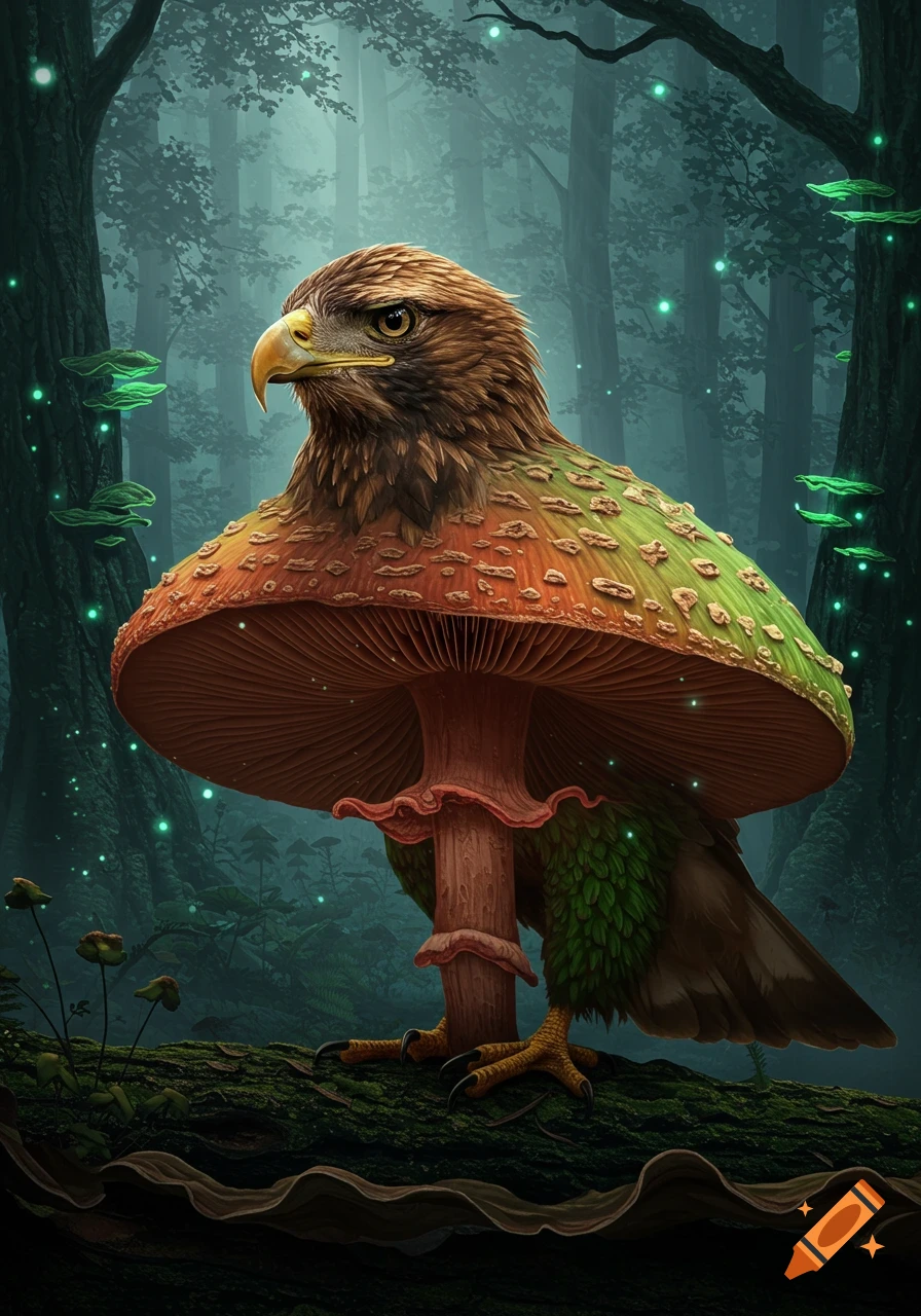 A fluffy brown kiwi bird stands among large green leaves and glowing ...