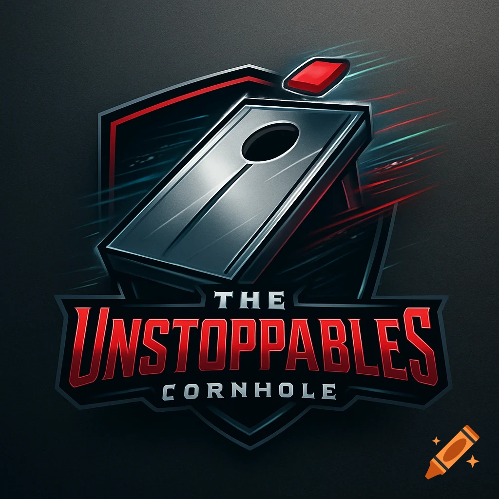 A dynamic, dark-themed cornhole logo with a silver board, red bean bag, and speed lines. Text ...