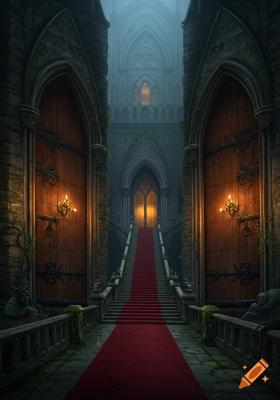 A grand, misty gothic castle entrance with two tall wooden doors, wall ...