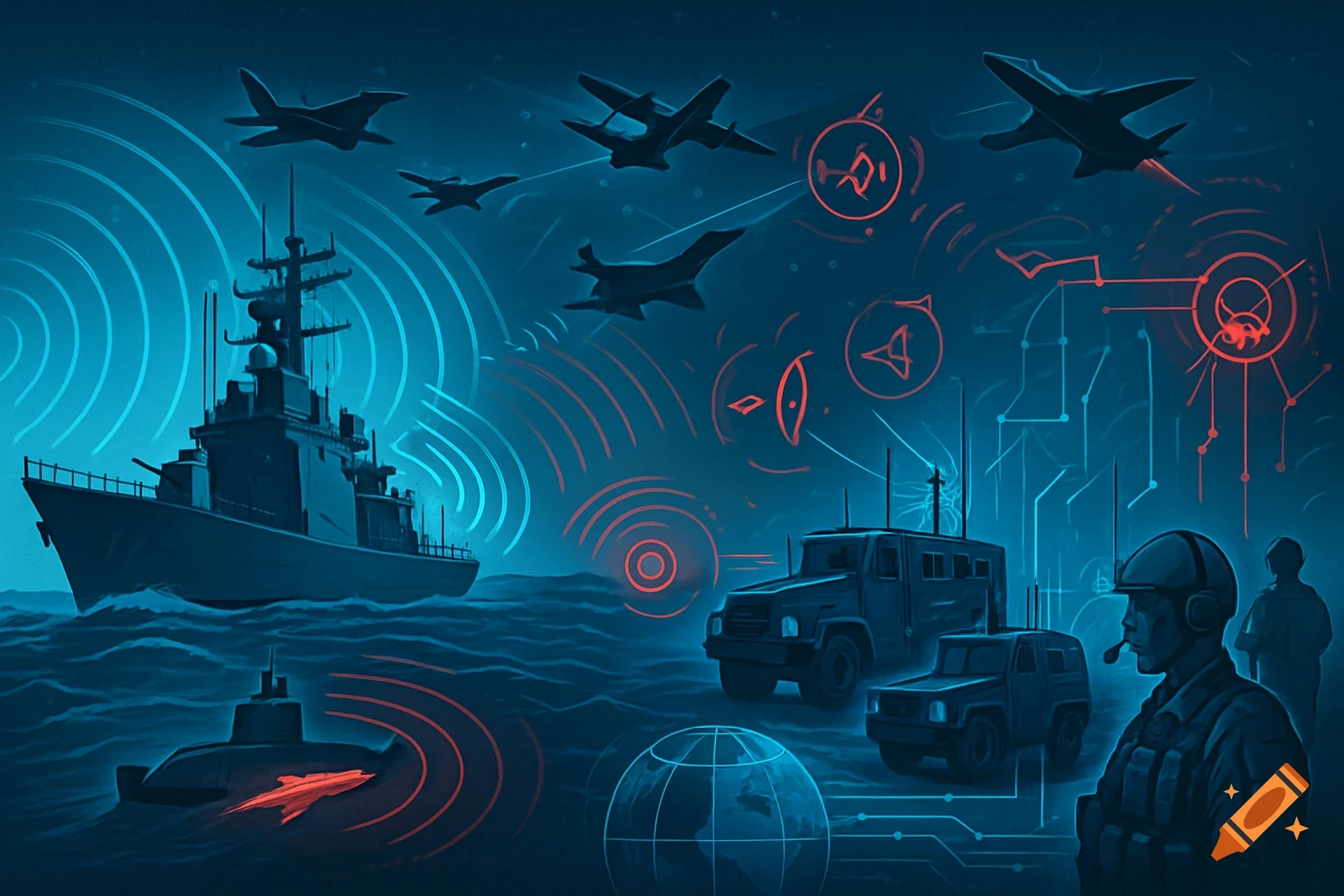 An illustration of electronic warfare with a warship, submarine ...