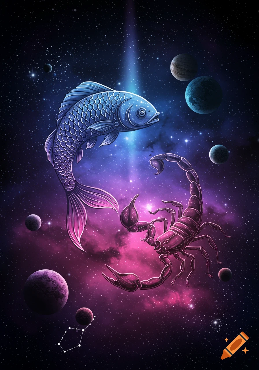 Stylized blue Pisces fish and pink Scorpio zodiac sign in a vibrant ...