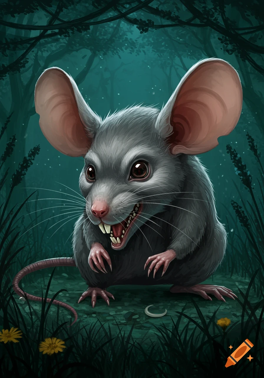 A cartoonish grey mouse with big ears and sharp teeth smiles ...