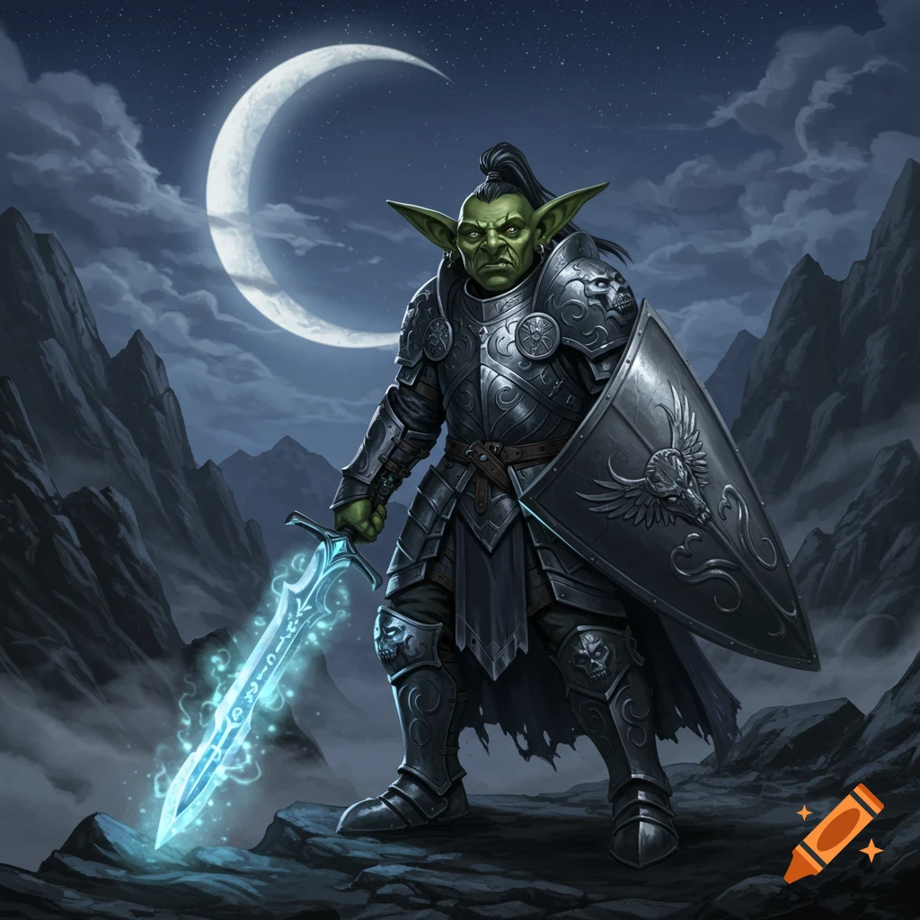 Two green-skinned goblin women talking to a human knight in a bustling ...