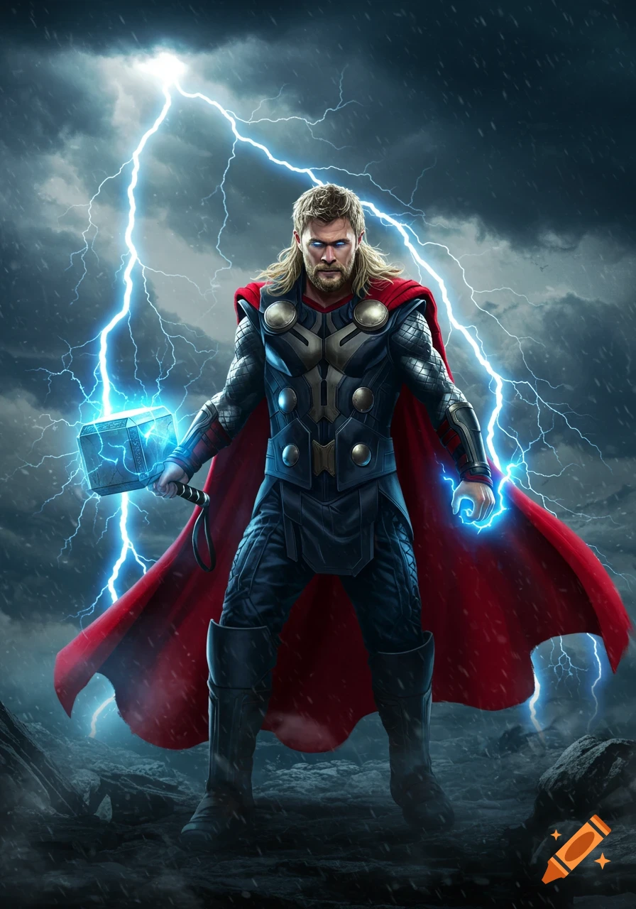 A dark-skinned man in a high-tech suit, half ice and half fire, stands ...