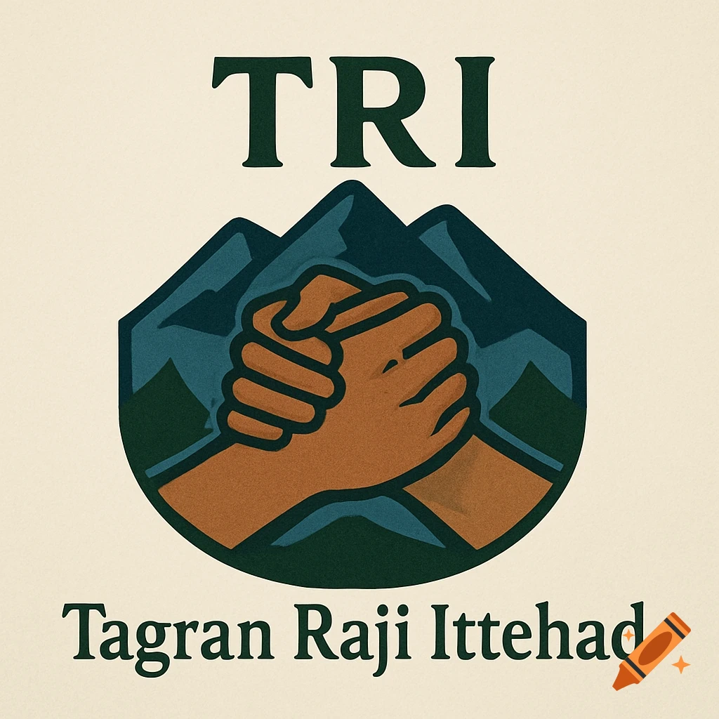 A stylized logo with two hands clasping in front of blue mountains ...