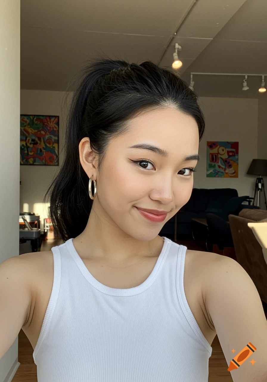 A photorealistic selfie of a beautiful Asian woman with a ponytail ...