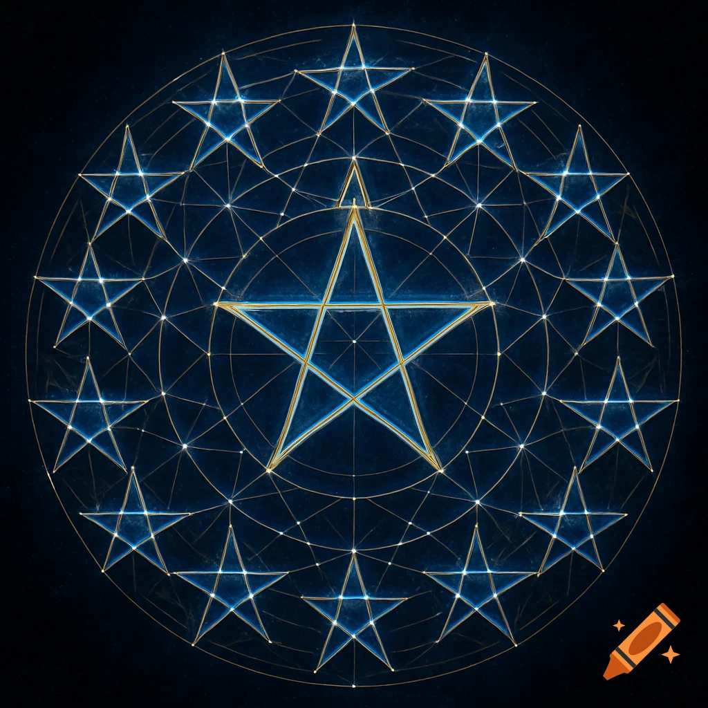 Intricate geometric design of glowing golden pentagrams and connecting ...