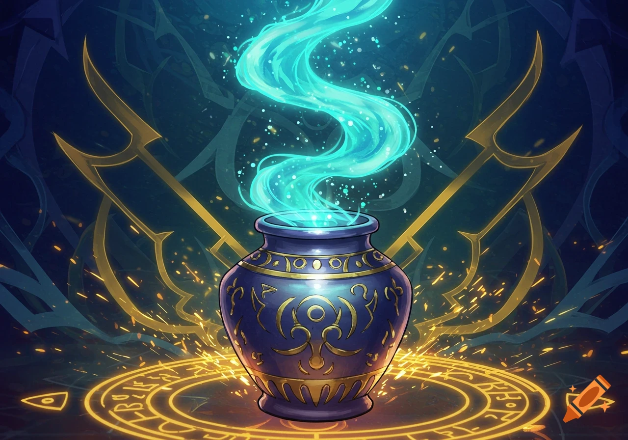 An ornate blue and gold magic jar with glowing turquoise mana rising ...