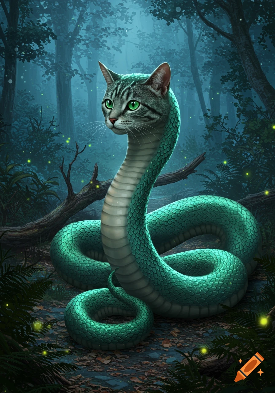 A vibrant illustration of a green snake-spider hybrid creature coiled ...