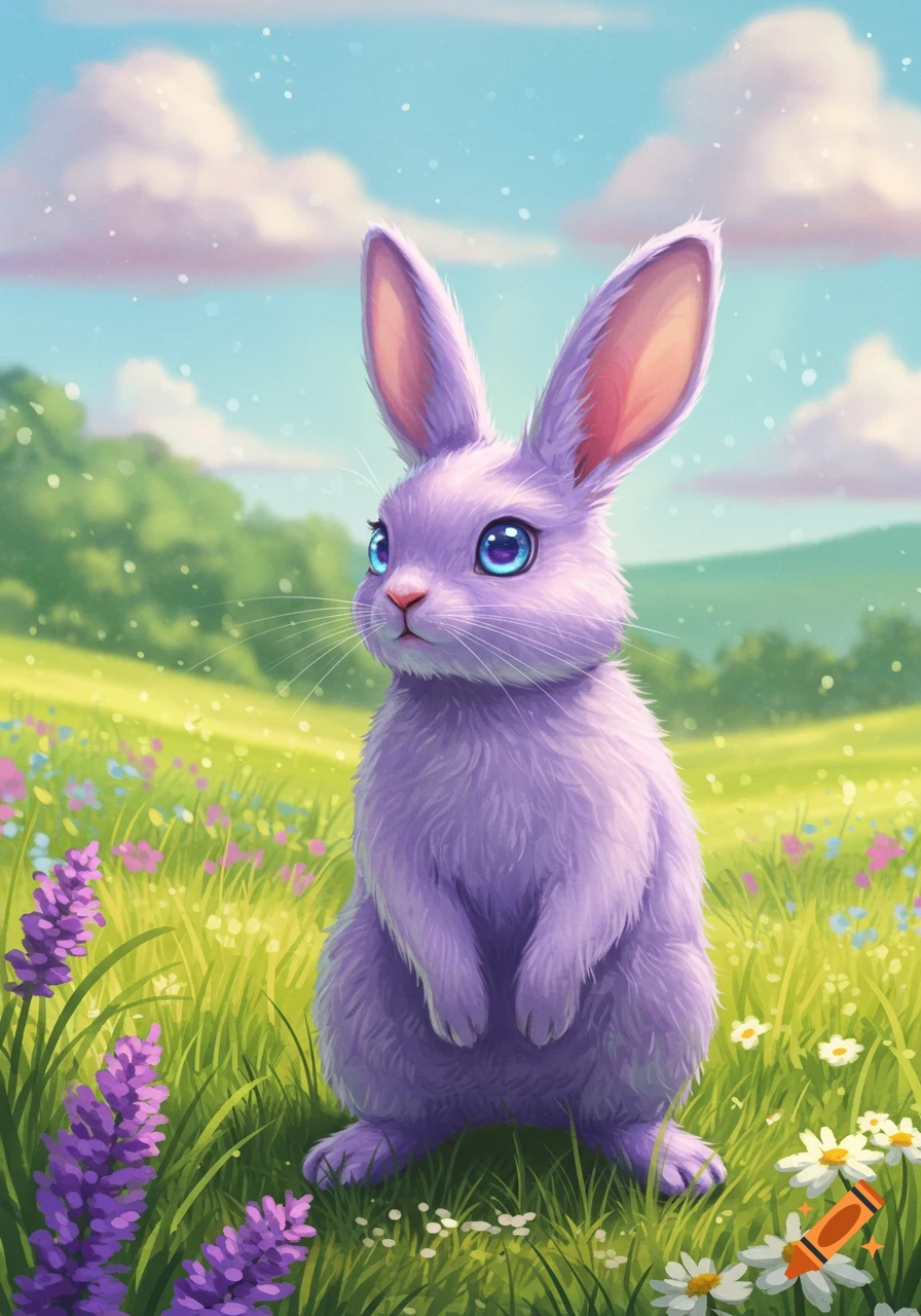 A fluffy, purple bunny with big blue eyes sits in a vibrant green field ...