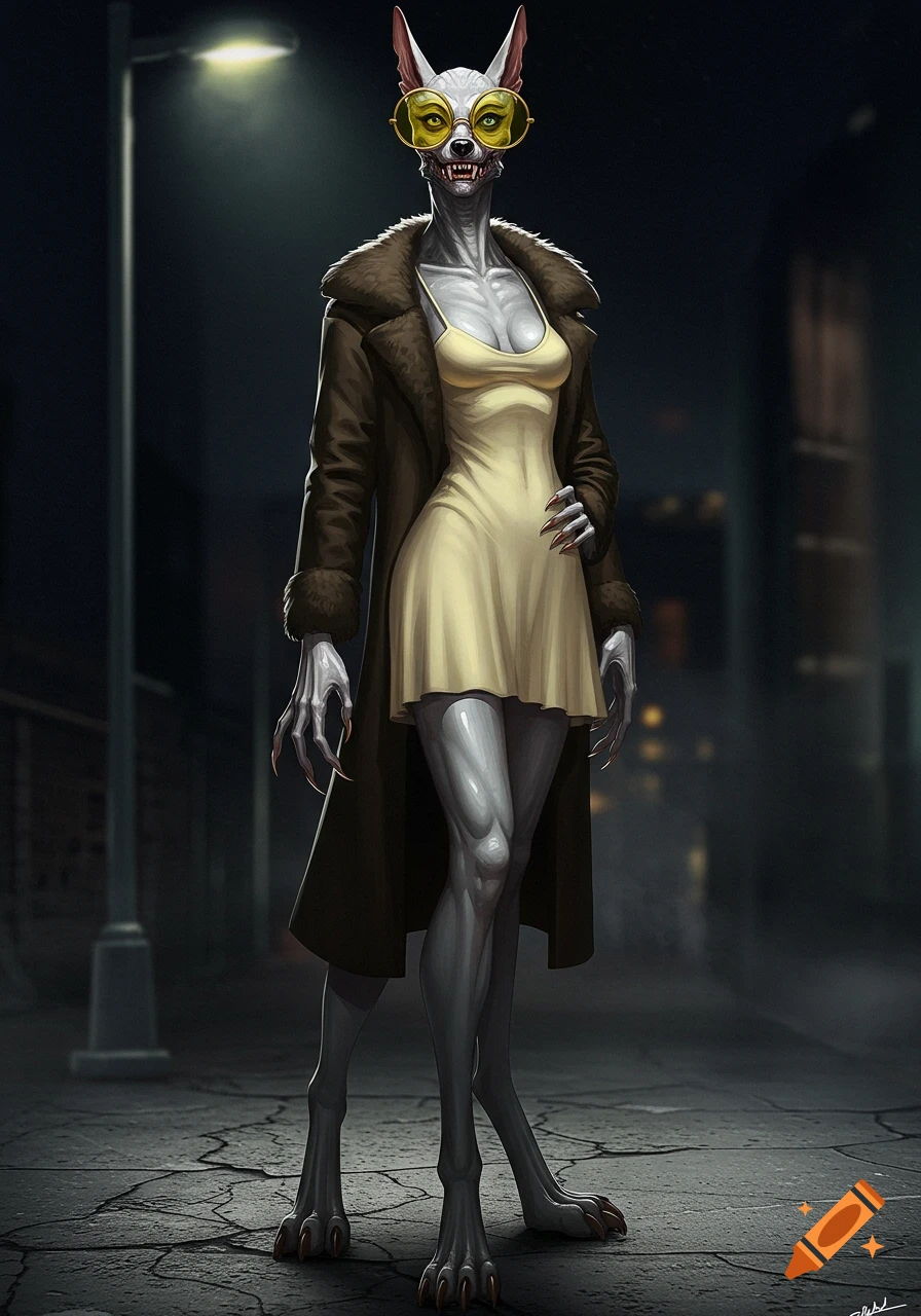 A tall, lean creature with a canine face, pale grey skin, long claws ...