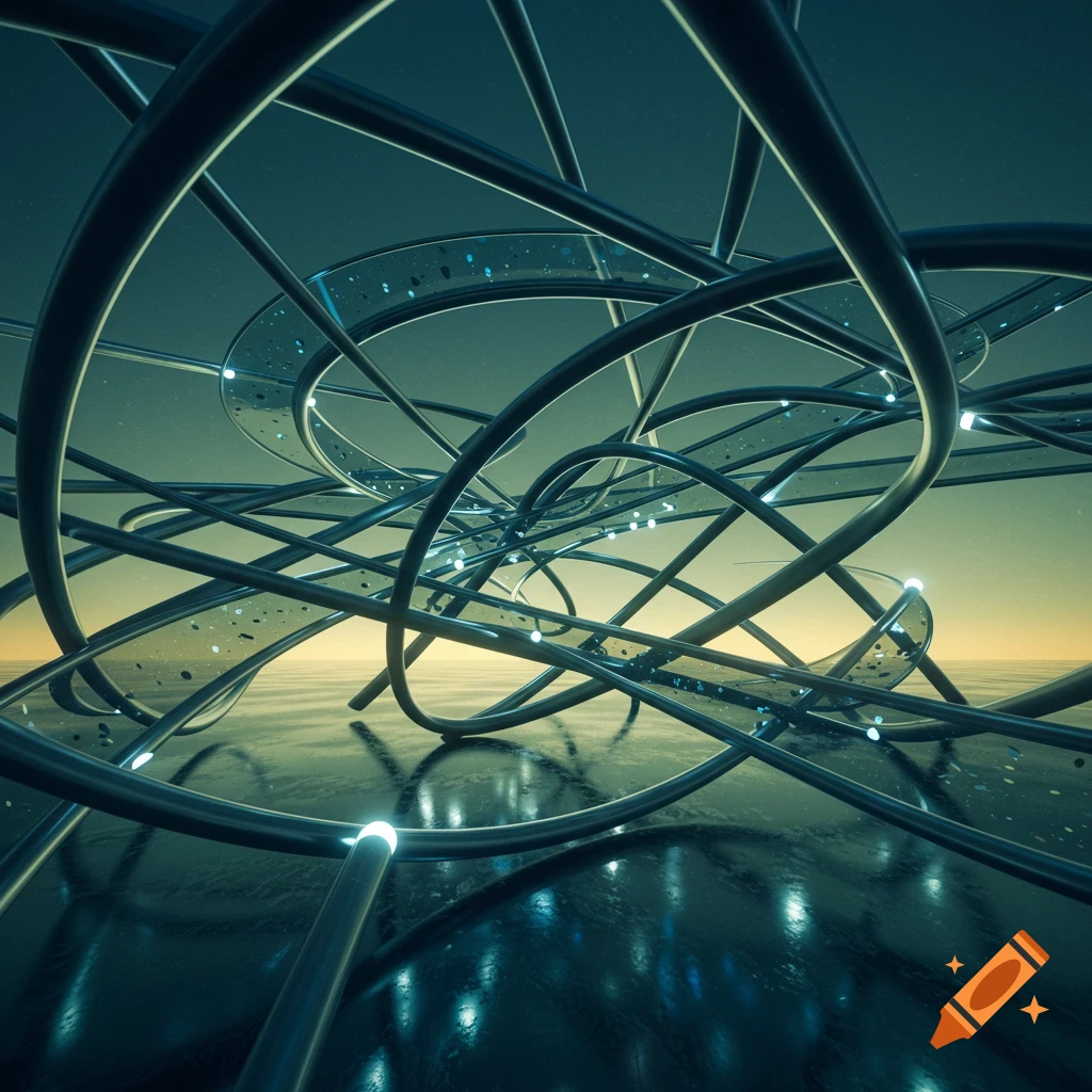 Abstract digital art of curved, gleaming metallic structures ...