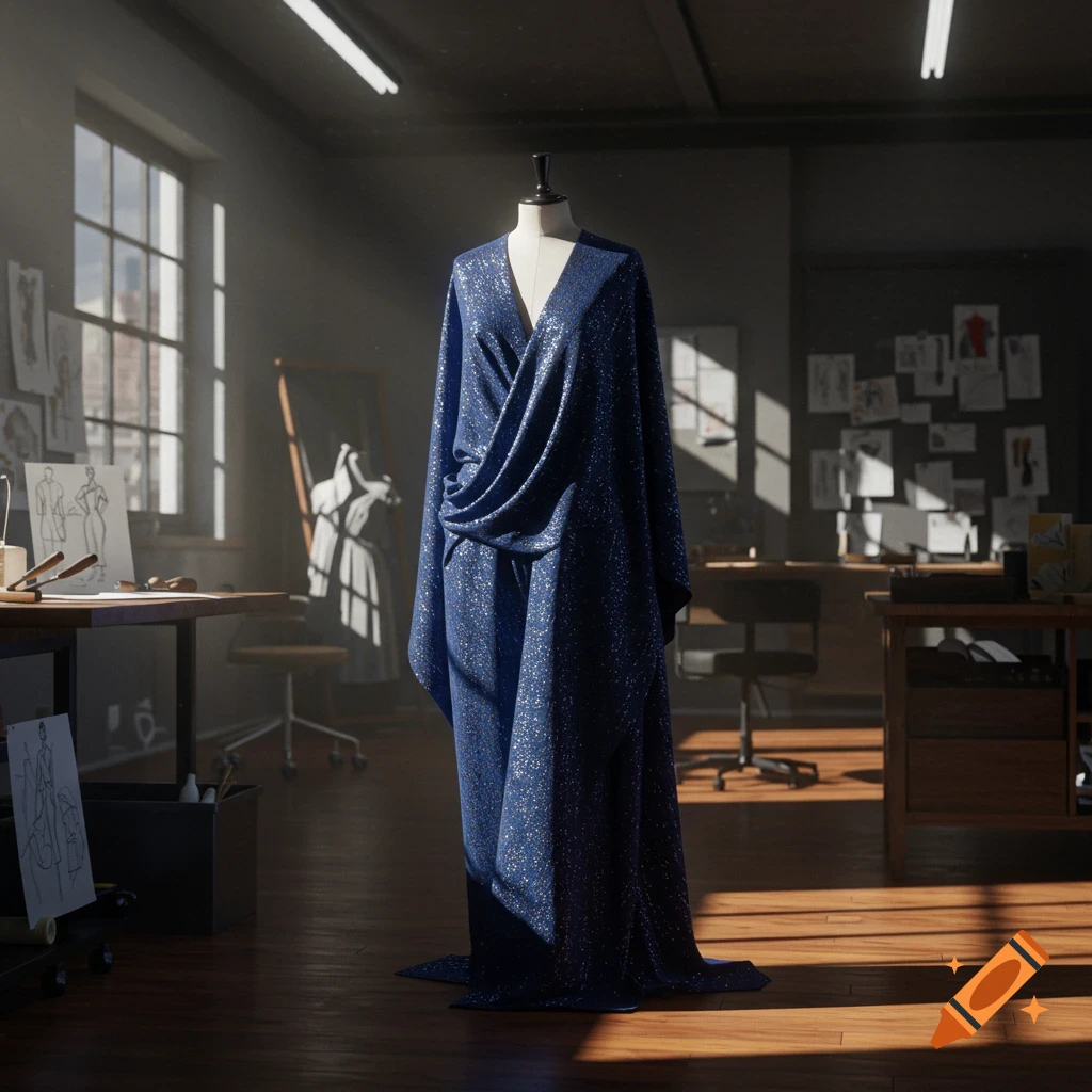 A blue sparkly draped garment on a mannequin in a sunlit fashion design ...