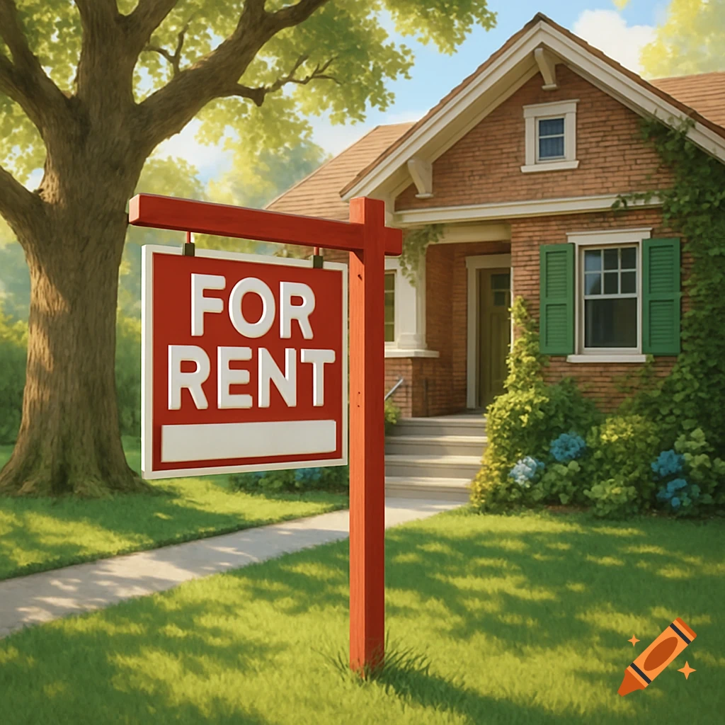 A house with a prominent red 'FOR RENT' sign in the front yard, a large ...