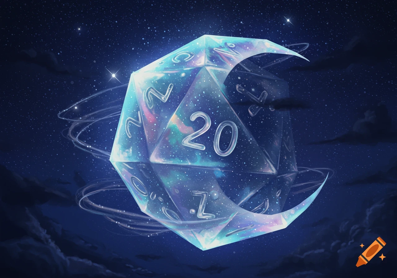 A glowing, translucent D20 dice with cosmic patterns and numbers ...