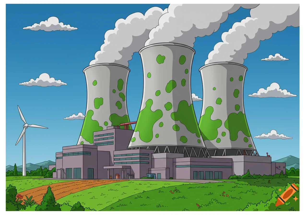 Simpsons-style cartoon of a power plant with three green-splattered ...