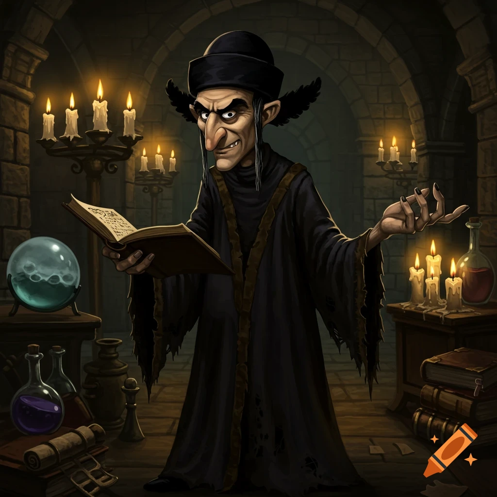 A cartoonish evil sorcerer with a long nose and black hat reads a ...