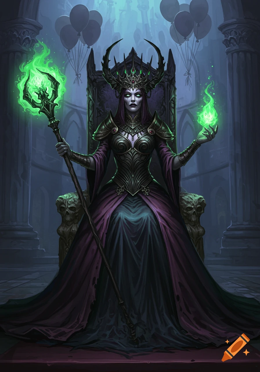 Dark queen with a horned crown on a throne, holding a glowing green ...