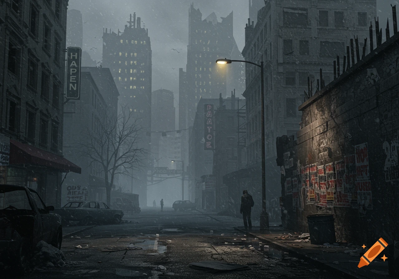 A desolate, snow-dusted city street at dusk, with dilapidated buildings ...