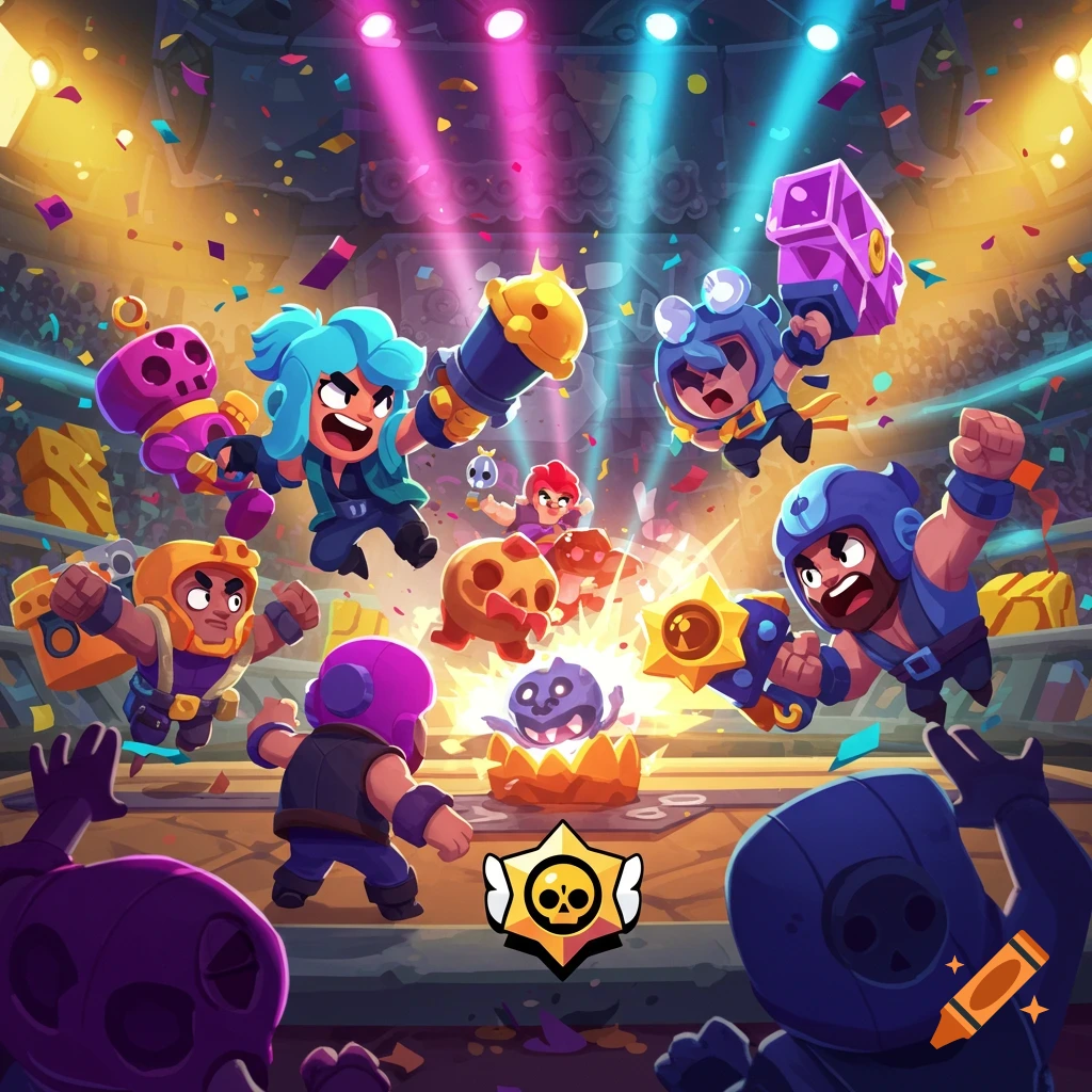 Cartoon Brawl Stars characters fight in a vibrant, confetti-filled ...
