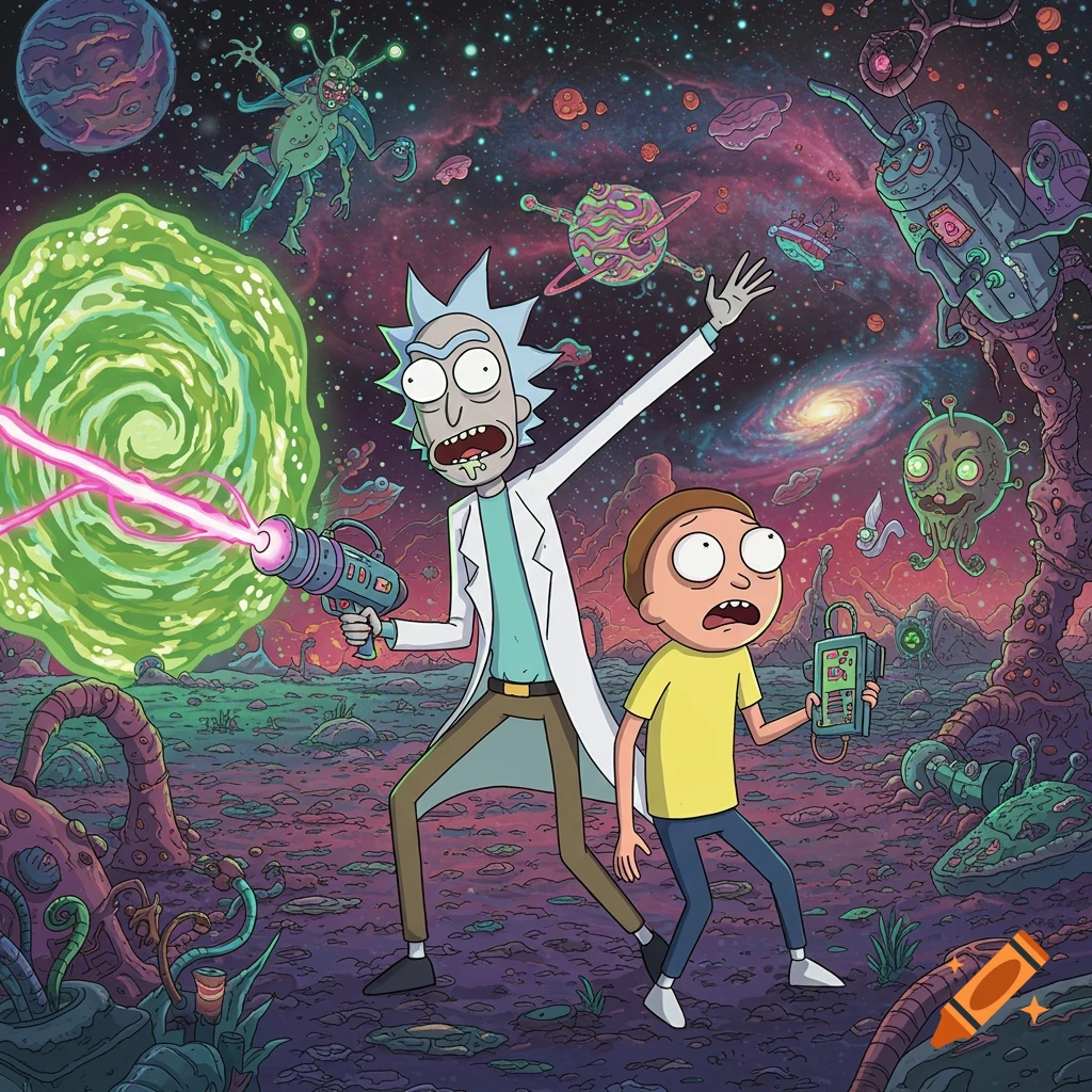 Rick and Morty in a psychedelic alien landscape, Rick firing a laser ...