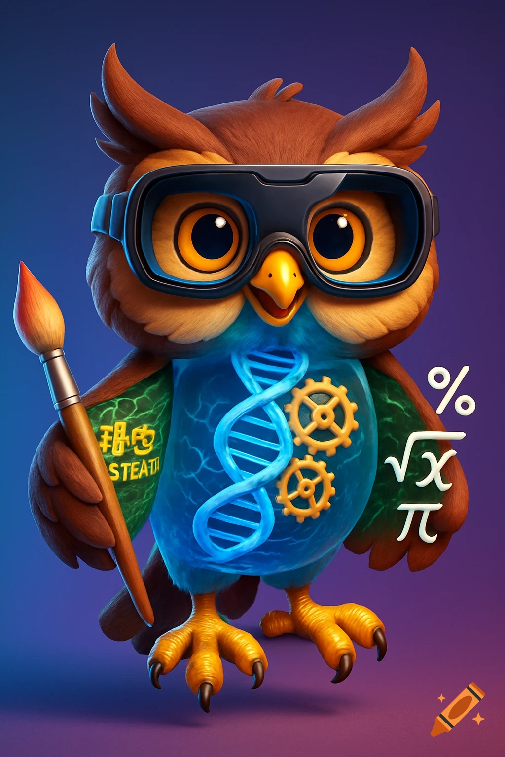 A cute, smart owl STEAM mascot wearing VR goggles, holding a paintbrush ...