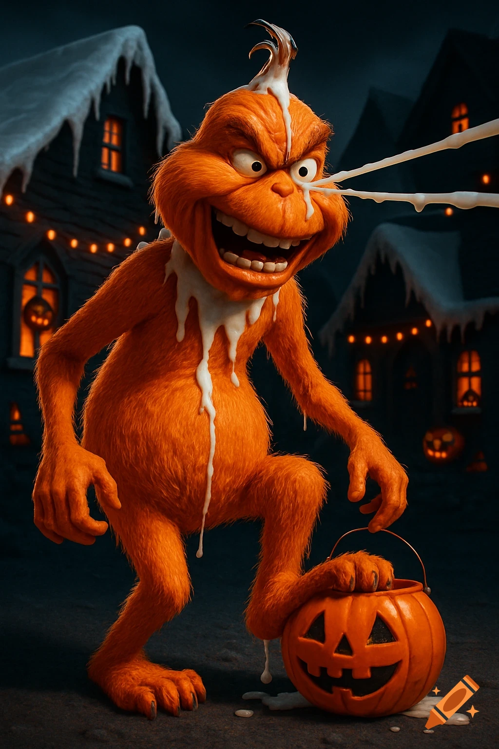 An orange, furry Grinch-like creature with a sinister grin, covered in ...