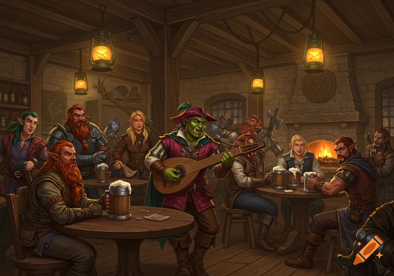 Fantasy characters, including a dwarf, an elf, lizardmen, and humans ...