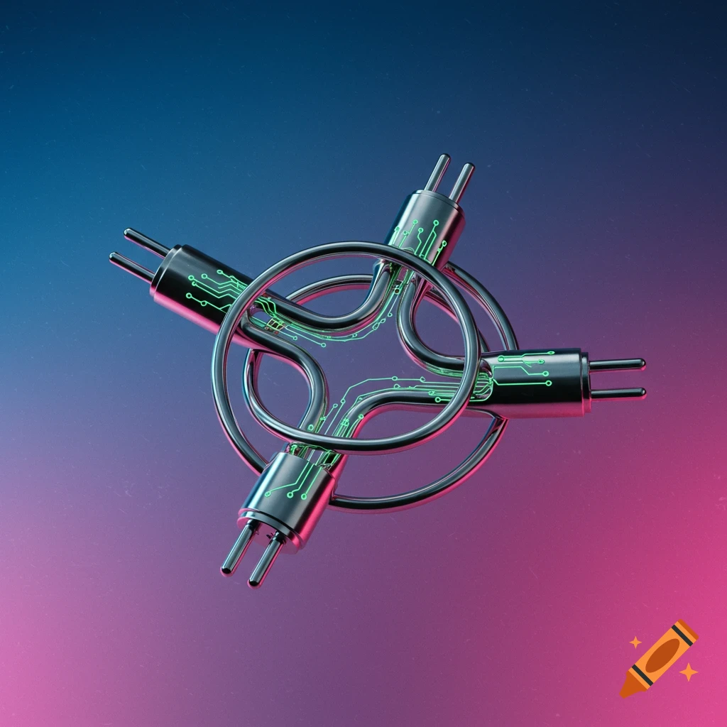 A shiny metallic circular electronic device with four plugs and glowing ...