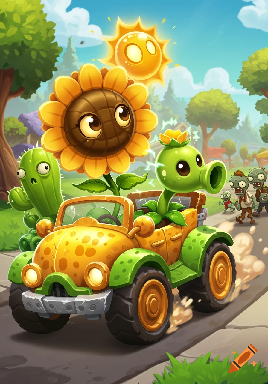 A sunflower, peashooter, and cactus from Plants vs. Zombies drive a car ...