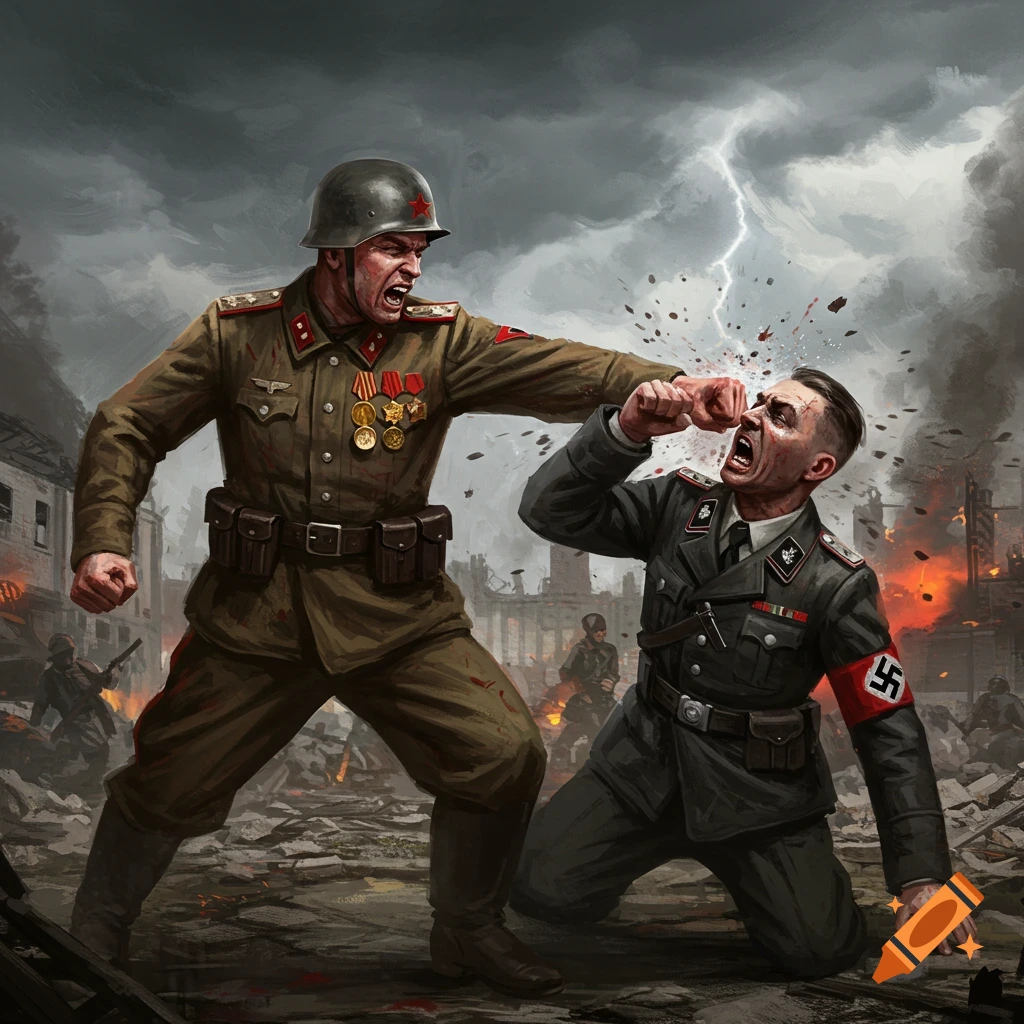 A dramatic illustration of a Soviet soldier punching a Nazi soldier in ...