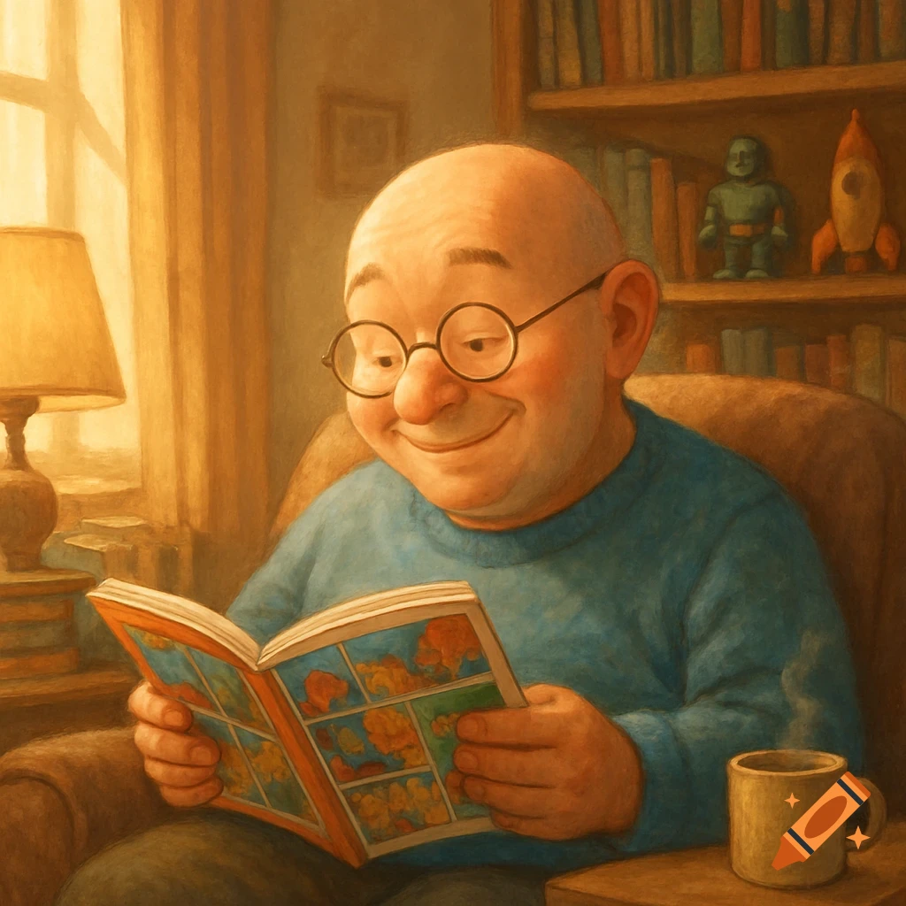 A smiling bald old man with glasses on his head, a half red, half white ...