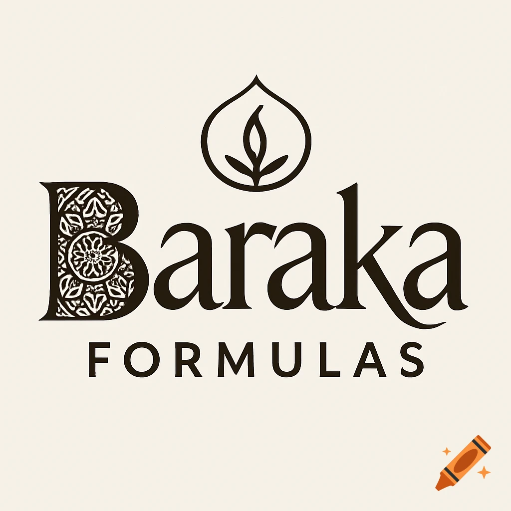 Elegant logo for 'Baraka Formulas' with a stylized, patterned 'B ...