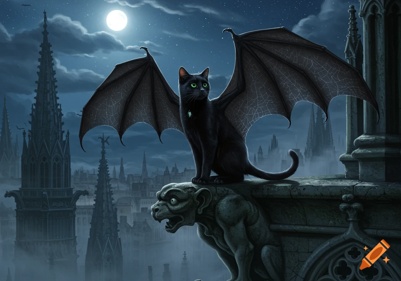 A black cat with large bat wings sits on a stone gargoyle atop a gothic ...
