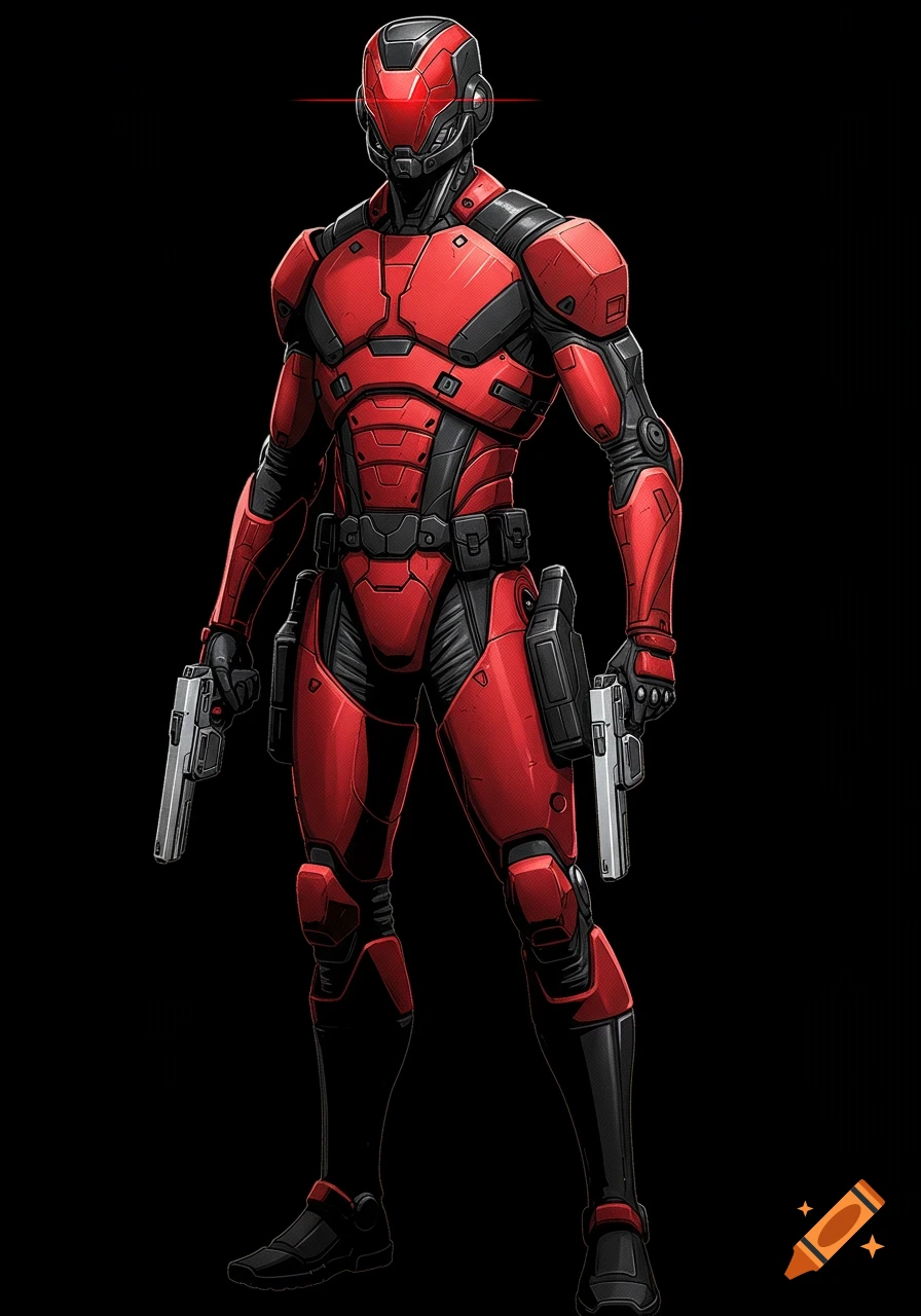 A full-body comic book illustration of a red and black armored humanoid ...