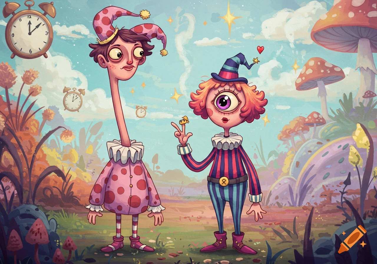 Two whimsical, jester-like cartoon characters in a surreal landscape ...