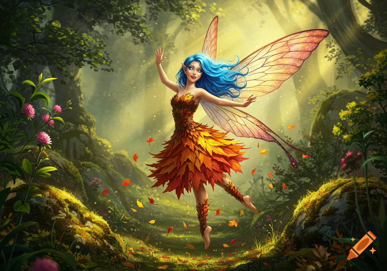 A vibrant illustration of a blue-haired fairy with a leaf dress and ...