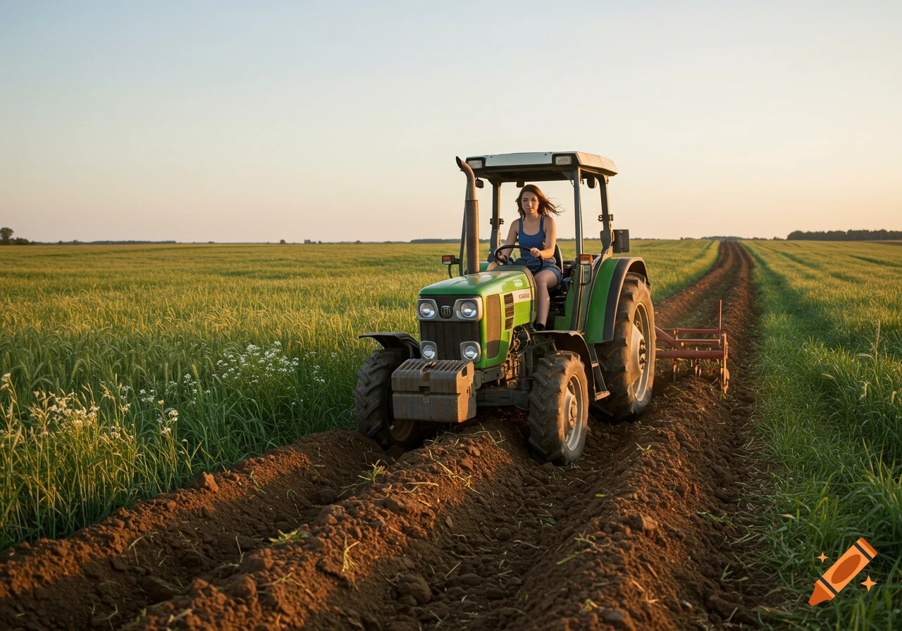 A young woman drives a green tractor through a field of crops at sunset ...
