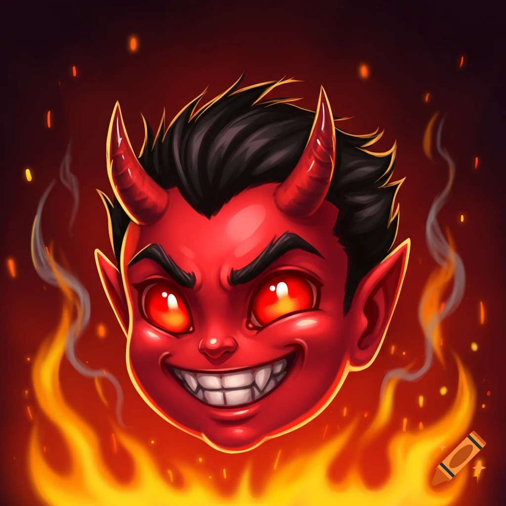 A cartoon red devil head with glowing eyes, horns, and a mischievous ...