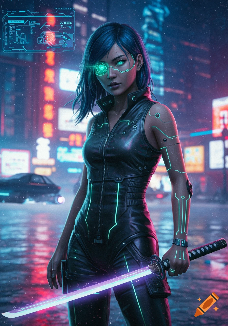 A cyberpunk Asian heroine in a black leather outfit with glowing green ...