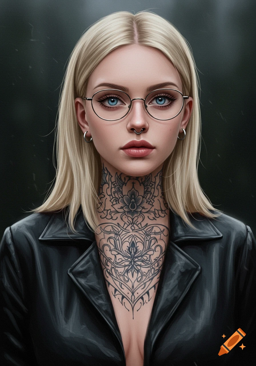 Close-up of an androgynous person with a shaved head, glasses, and a ...