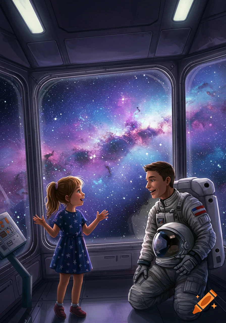 A young girl talks to a kneeling astronaut inside a spaceship, looking ...