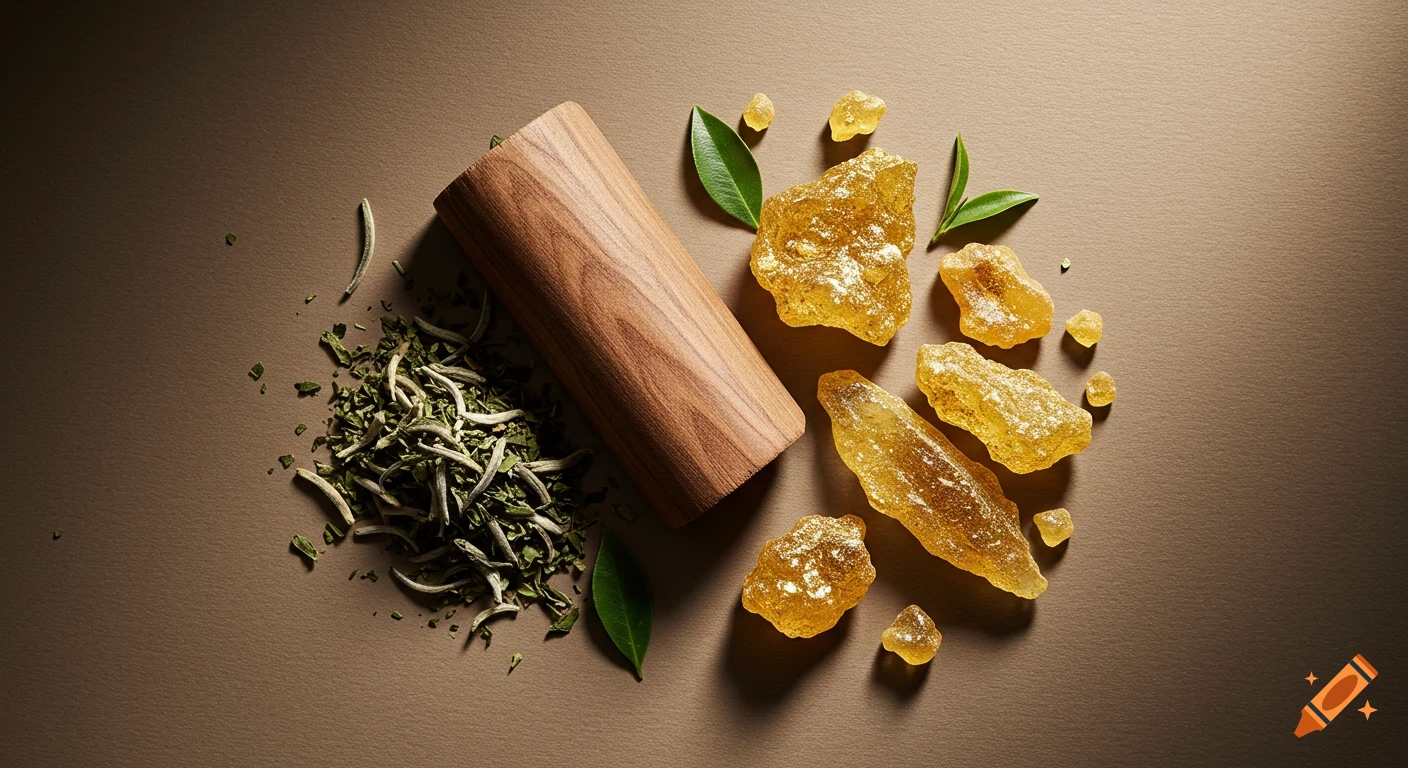 A vibrant overhead shot of fresh mint, basil, rosemary, turmeric roots ...