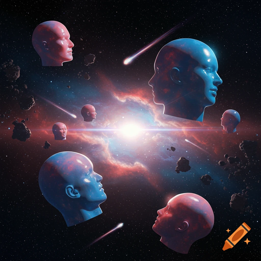 Multiple bald, sculpted human heads, some blue, some red, float like ...