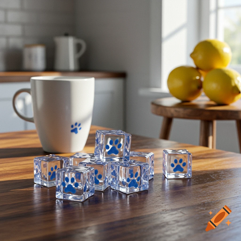 Photorealistic still life of ice cubes with blue pawprints, a mug, and ...