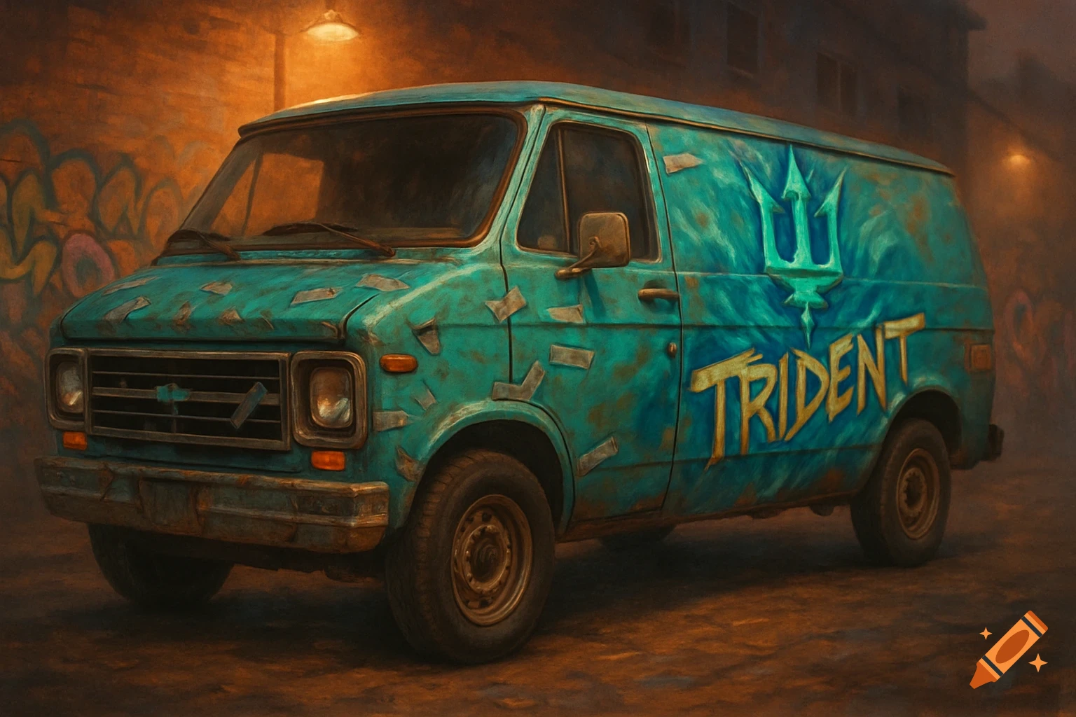 A teal, dilapidated 1980s van with duct tape patches and a spray ...