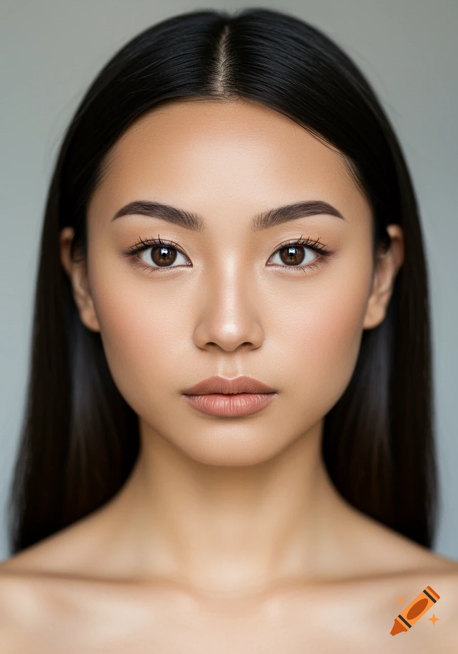 Photorealistic portrait of a young woman with dark hair, brown eyes, and a serene expression. on ...